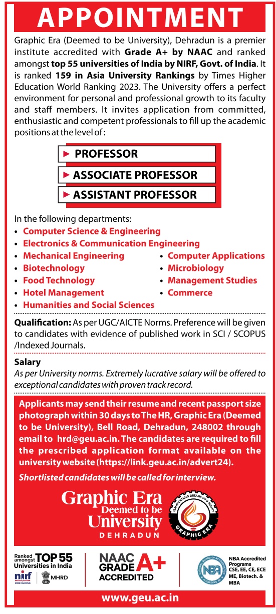 Graphic Era (Deemed to be University), Dehradun Wanted Faculty - Facultytub