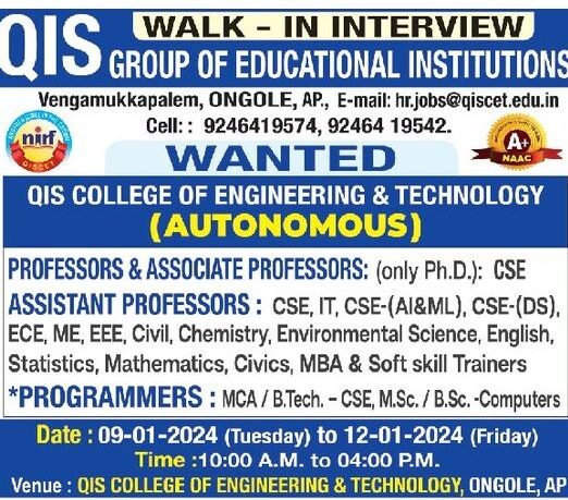 QIS Group of Educational Institutions - Walk-in Interview - Facultytub