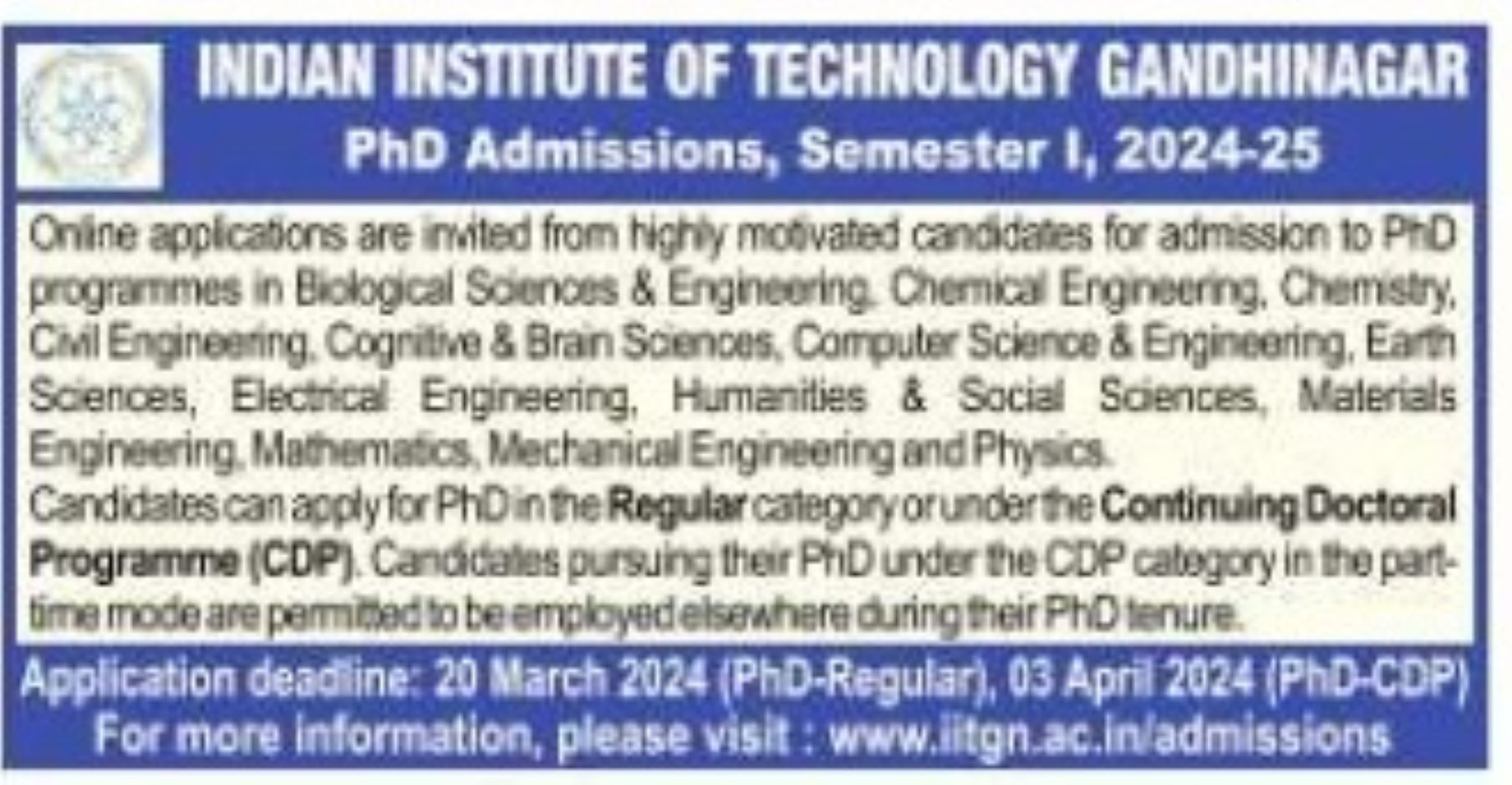 Indian Institute Of Technology Gandhinagar Admissions Open for PhD. - Facultytub