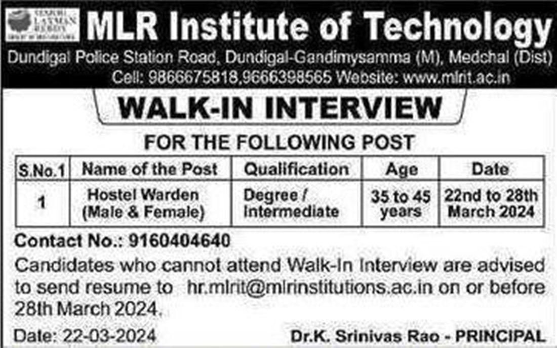 MLR Institute of Technology, Hyderabad Required Hostel Warden (M/F) - Facultytub
