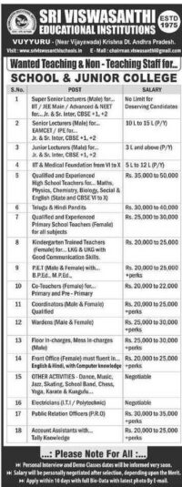 Sri Viswasanthi Educational Institutions - Vuyyuru, Vijayawada Wanted ...