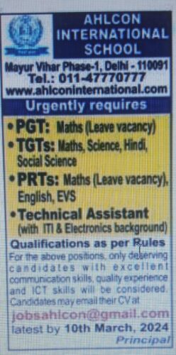 Ahlcon International School, New Delhi Urgently Requires Staff - Facultytub