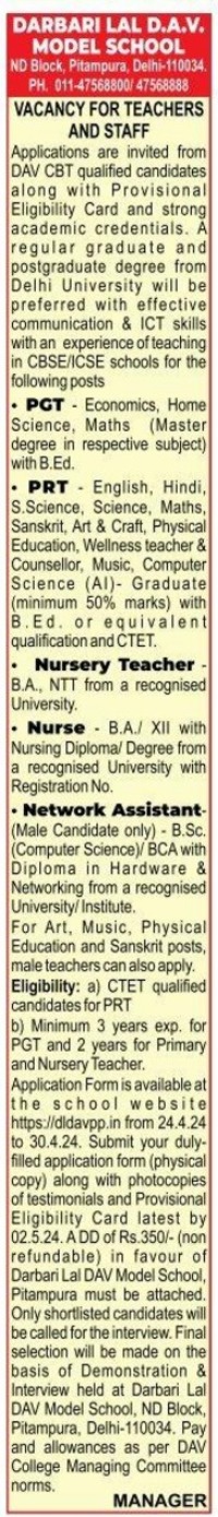 Darbari Lal DAV Model School, Pitampura Vacancy for Teachers & Staff ...