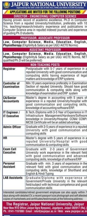 Jaipur National University, Multiple Job Openings - Facultytub