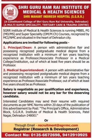 Shri Guru Ram Rai Institute Of Medical & Health Sciences Wants Staff ...