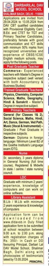 Darbari Lal DAV Model School, Delhi Staff Requirement - Facultytub