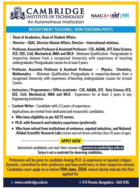 Cambridge Institute of Technology, Bangalore Teaching & Non Teaching Posts Recruitment - Facultytub