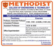 Methodist College of Engineering & Technology, Hyderabad Required Faculty - Facultytub