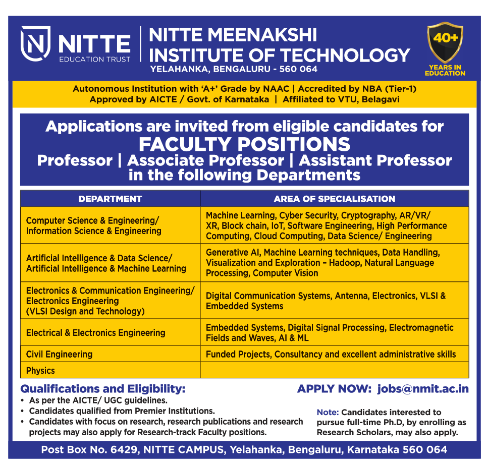 NITTE Meenakshi Institute of Technology, Bengaluru Wanted Faculty ...