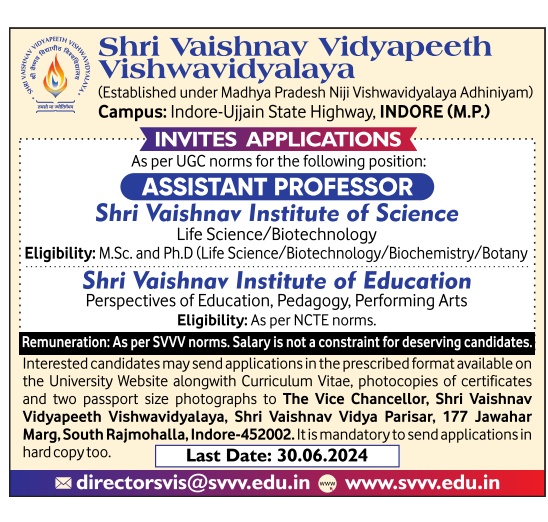 Shri Vaishnav Vidyapeeth Vishwavidyalaya, Indore Faculty Required ...