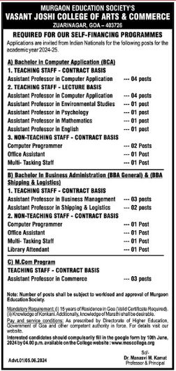 M.E.S.'s Vasant Joshi College of Arts & Commerce, Goa Faculty Openings ...