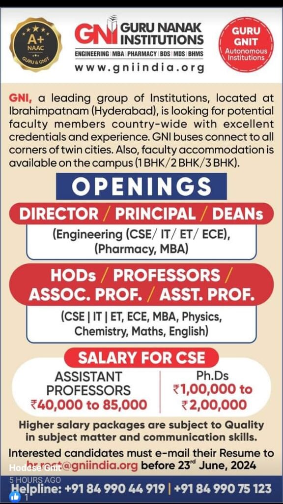 Guru Nanak Institutions, Faculty Openings - Facultytub