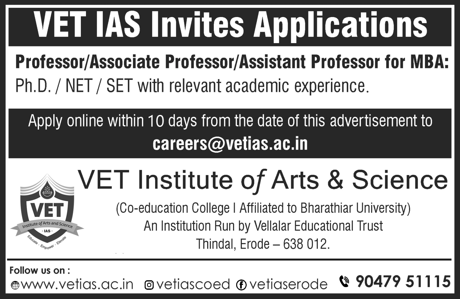 VET Institute of Arts & Science, Erode Teaching Faculty Vacancies ...