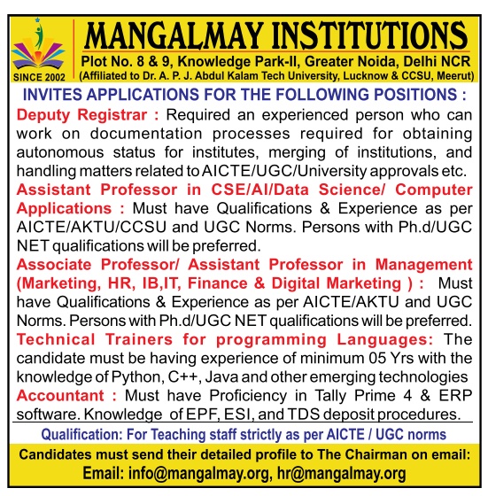 Mangalmay Institutions, Greater Noida Faculty Recruitment - Facultytub