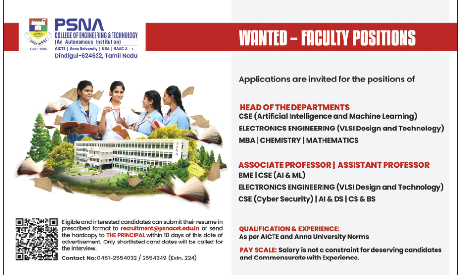 PSNA College of Engineering & Technology, Dindigul Wanted Faculty ...