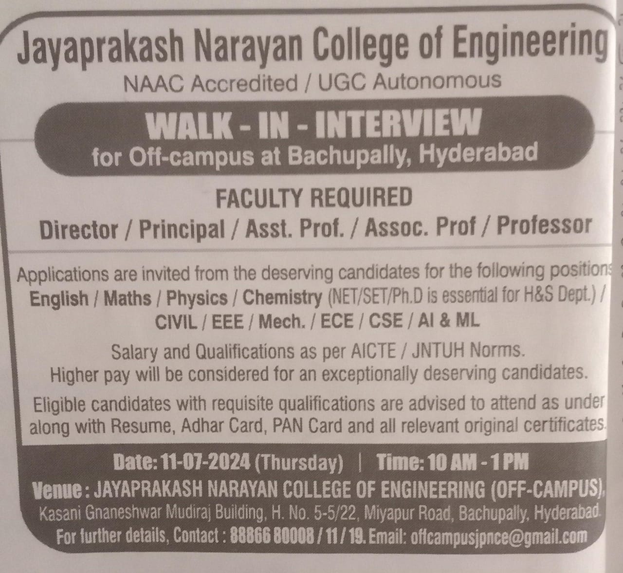 Jayaprakash Narayan College of Engineering, Hyderabad Walk-in Interview ...