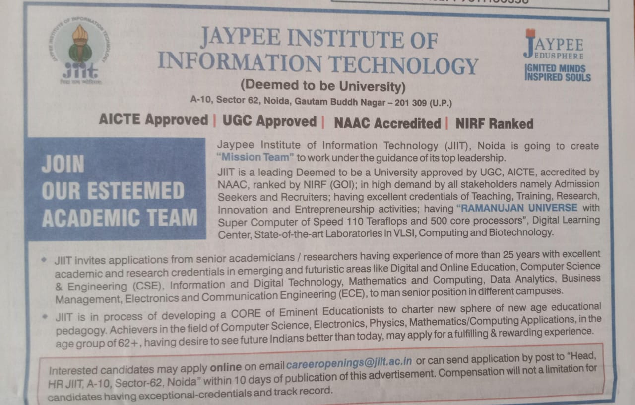 Jaypee Institute of Information Technology (JIIT), Noida Required ...