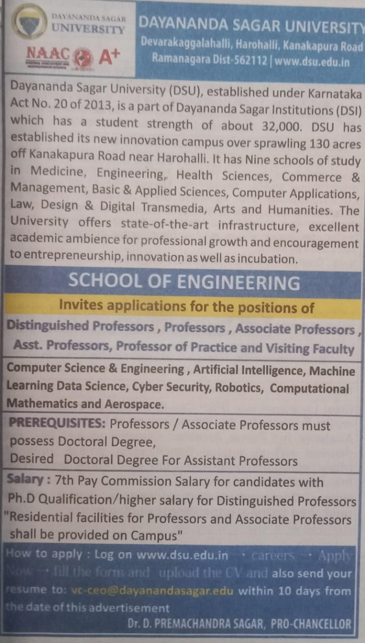 Dayananda Sagar Institutions, Bengaluru Faculty Recruitment - Facultytub