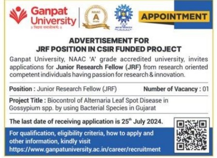 Ganpat University, Gujarat Advertisement for JRF Position - Facultytub
