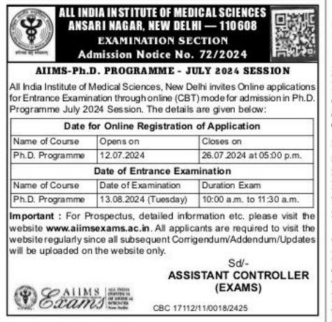 AIIMS, New Delhi - Ph.D. PROGRAMME JULY 2024 SESSION - Facultytub